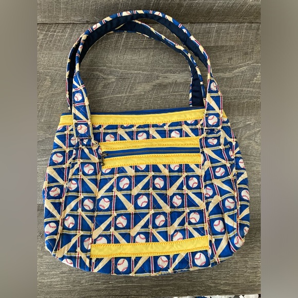 Bags | Quilted Blueyellow Baseball Print Shoulder Bag Purse | Poshmark